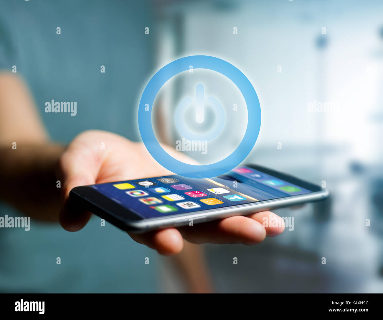View of a Power button symbol displayed on a futuristic interface ...