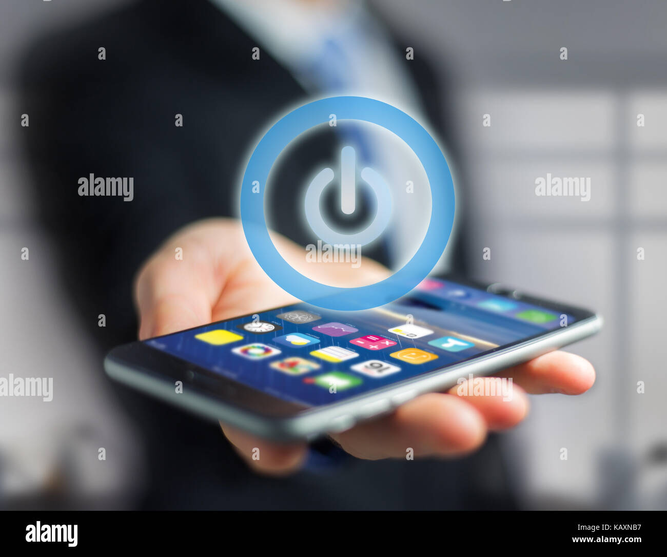 View of a Power button symbol displayed on a futuristic interface ...