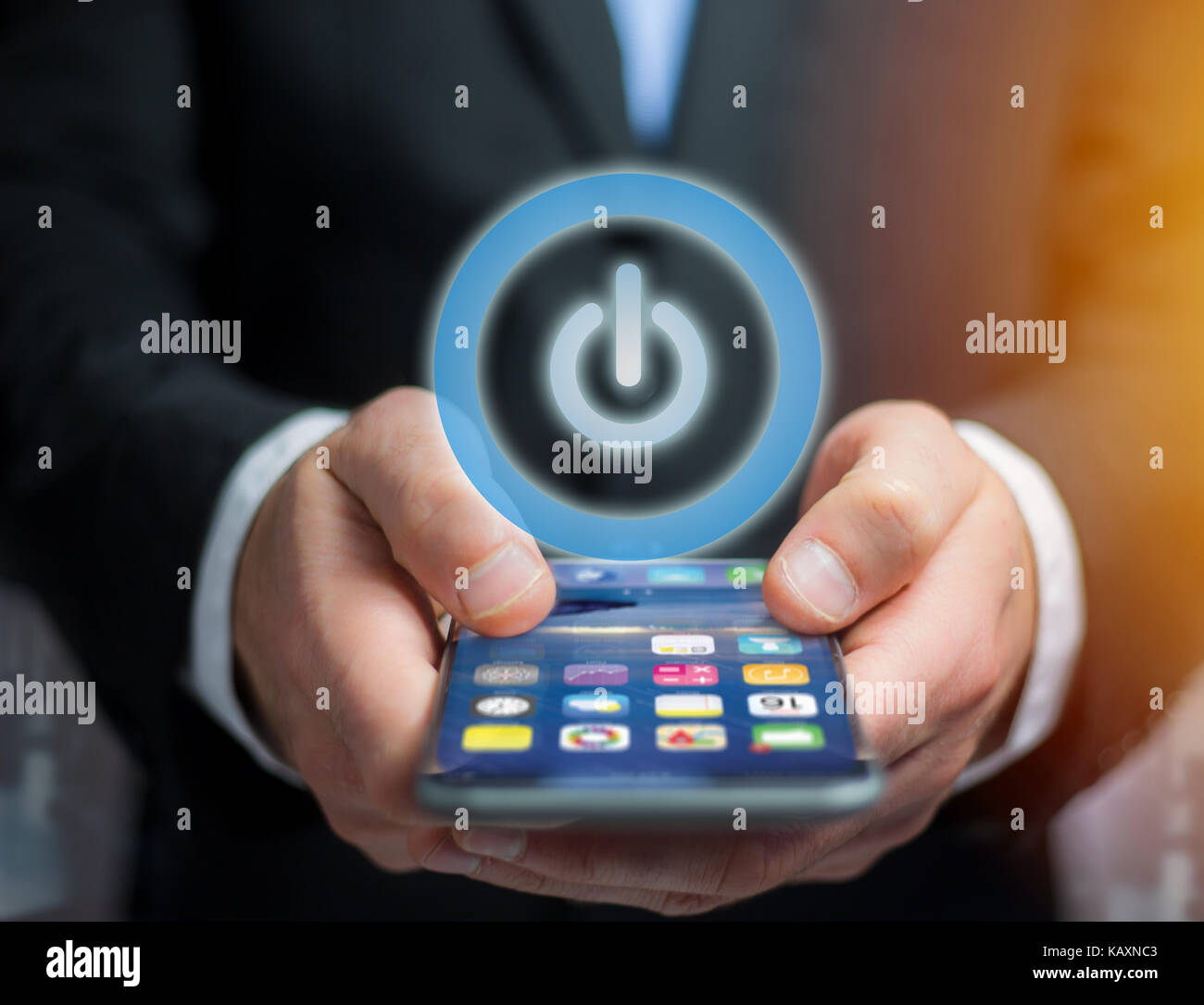 View of a Power button symbol displayed on a futuristic interface ...