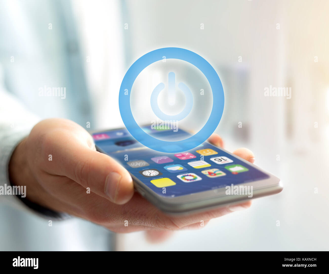 View of a Power button symbol displayed on a futuristic interface ...