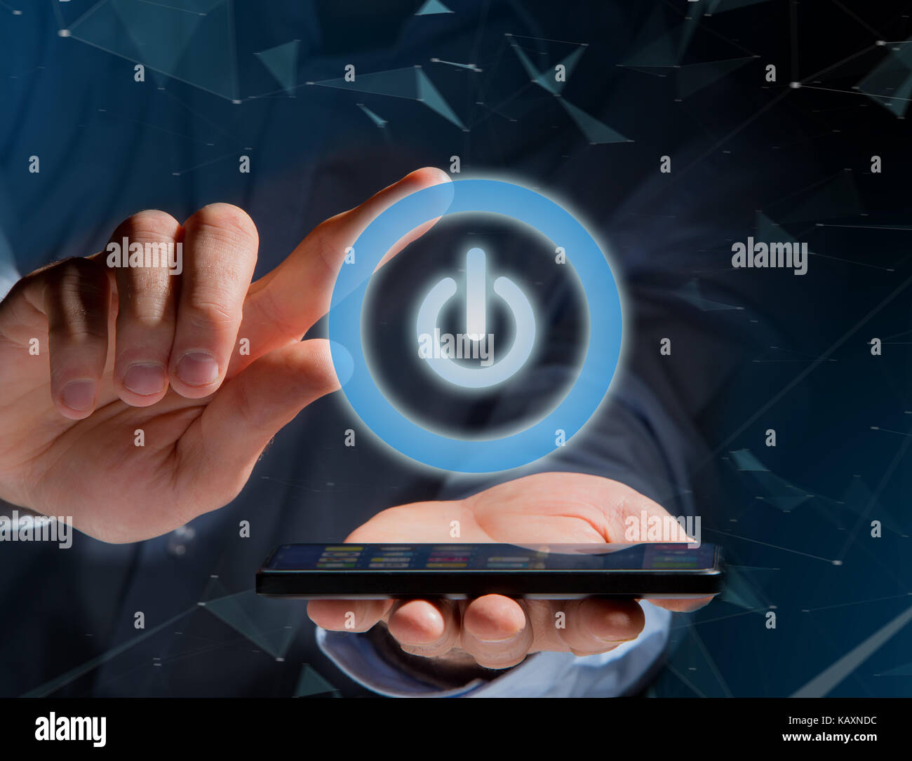 View of a Power button symbol displayed on a futuristic interface ...