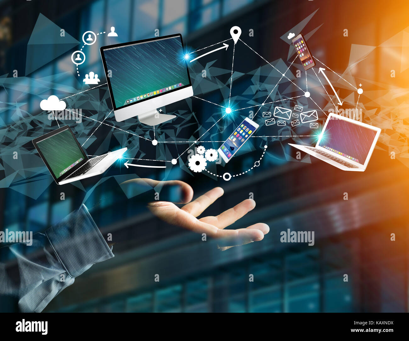 View of a Computer and devices displayed on a futuristic interface with ...