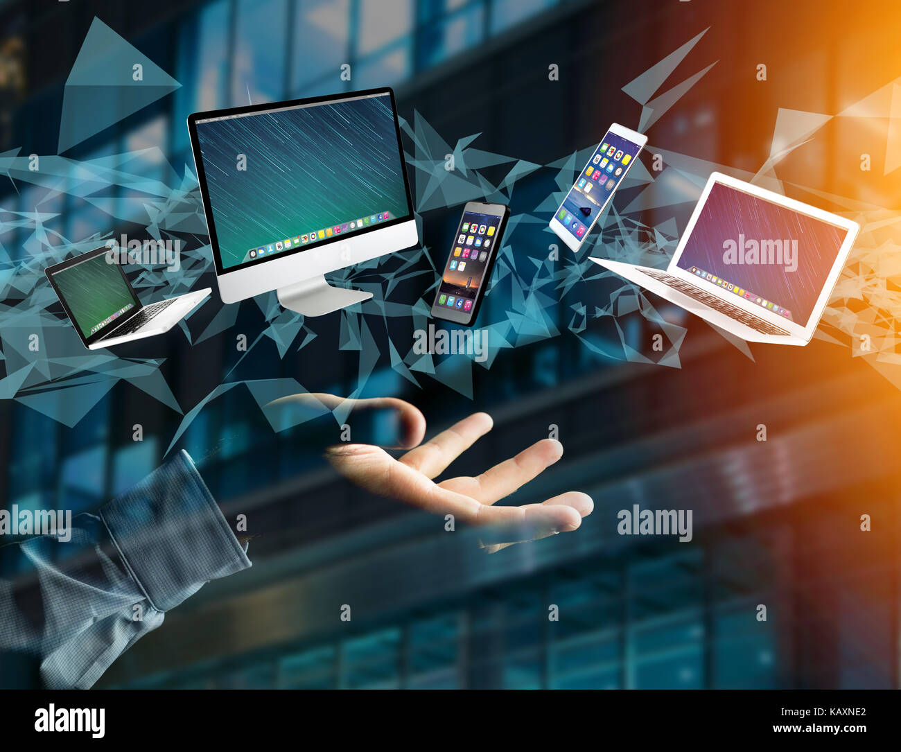 View of a Computer and devices displayed on a futuristic interface ...