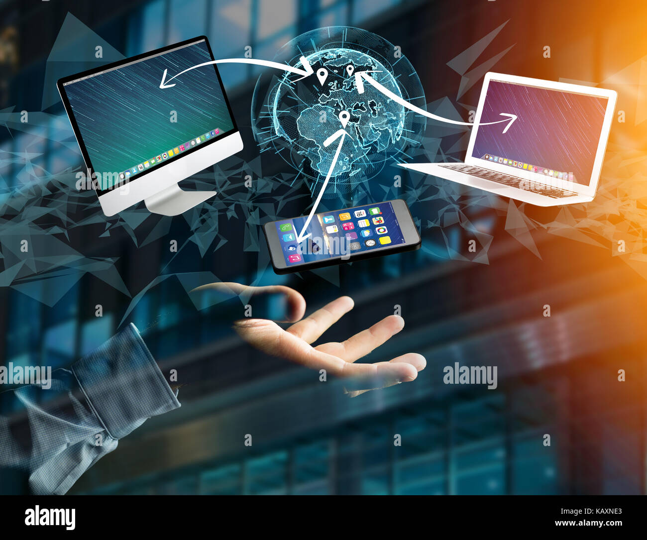 View of a Computer and devices displayed on a futuristic interface with ...