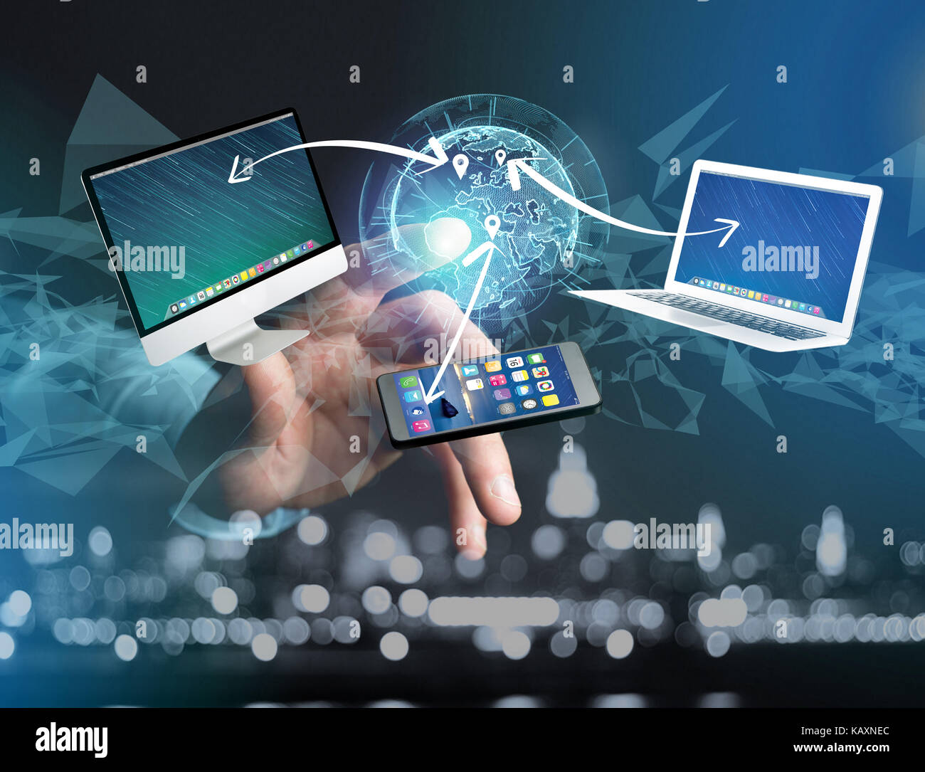 View of a Computer and devices displayed on a futuristic interface with ...