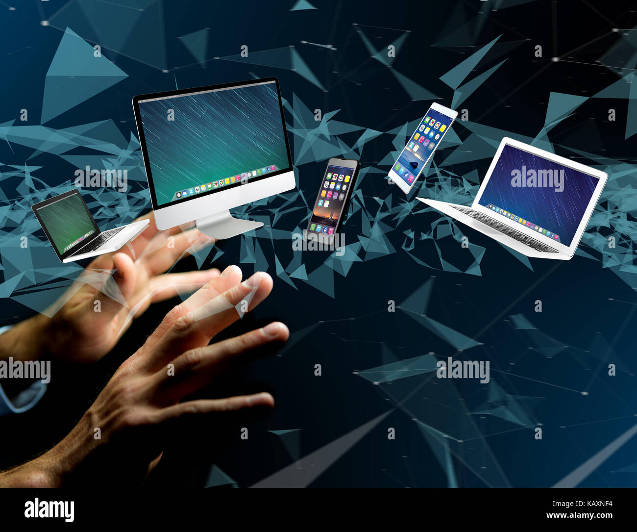 View of a Computer and devices displayed on a futuristic interface ...