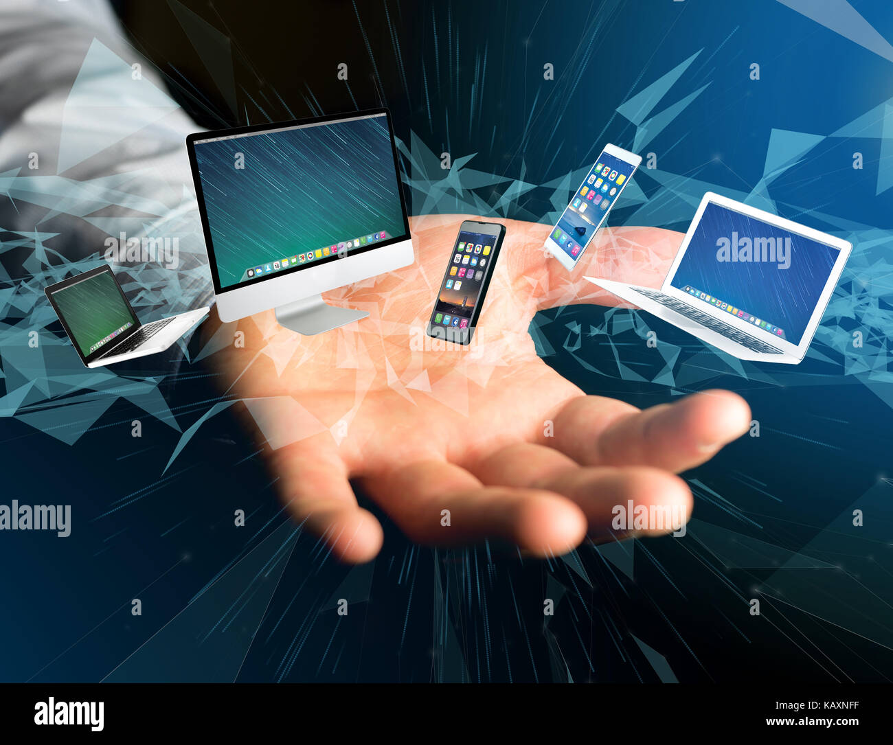 View of a Computer and devices displayed on a futuristic interface ...