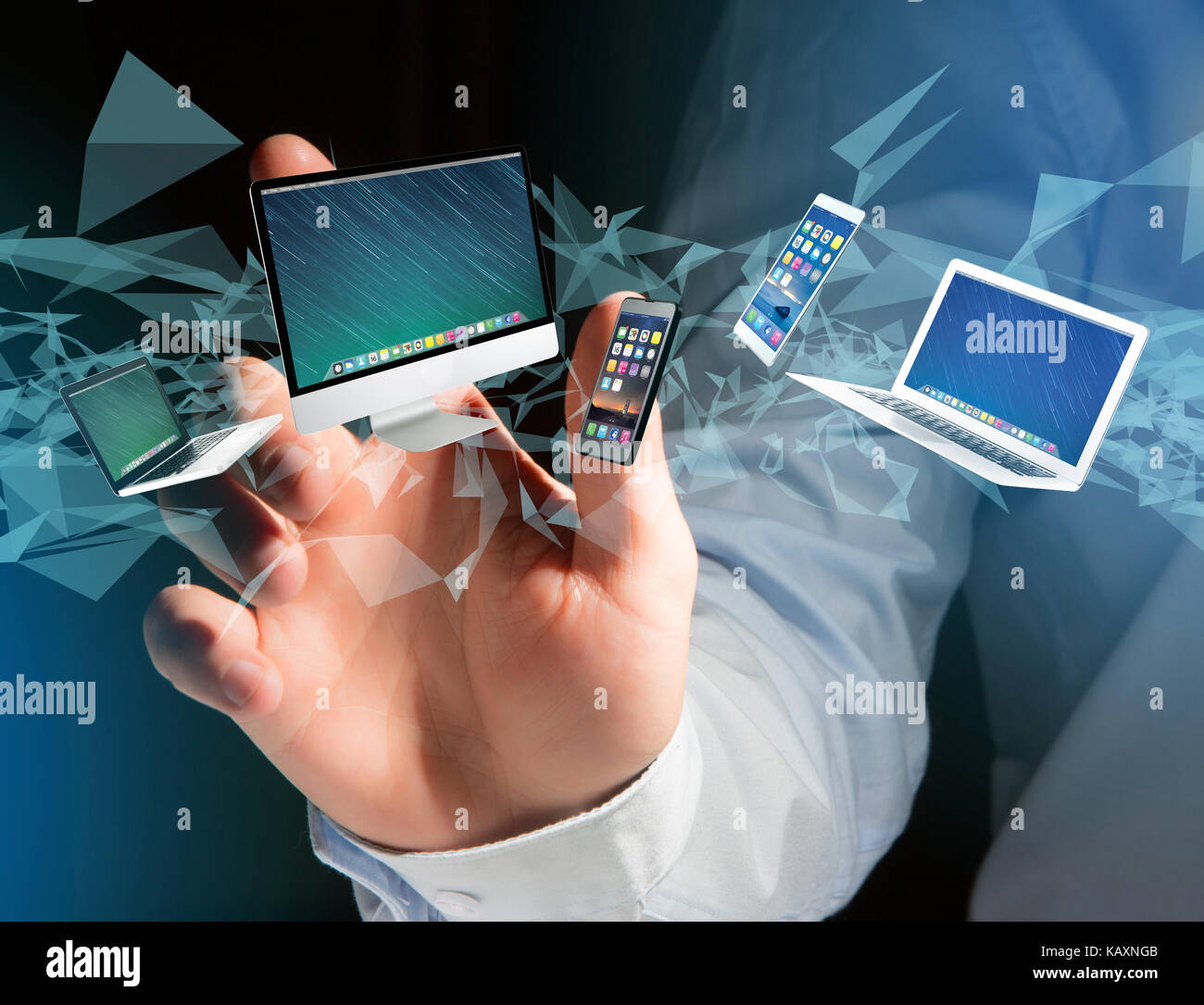View of a Computer and devices displayed on a futuristic interface ...