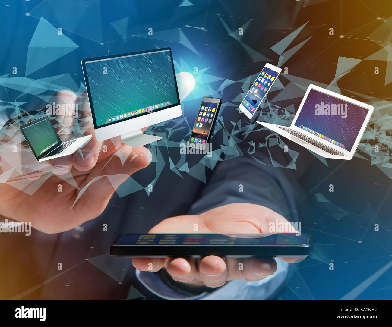 View of a Computer and devices displayed on a futuristic interface ...