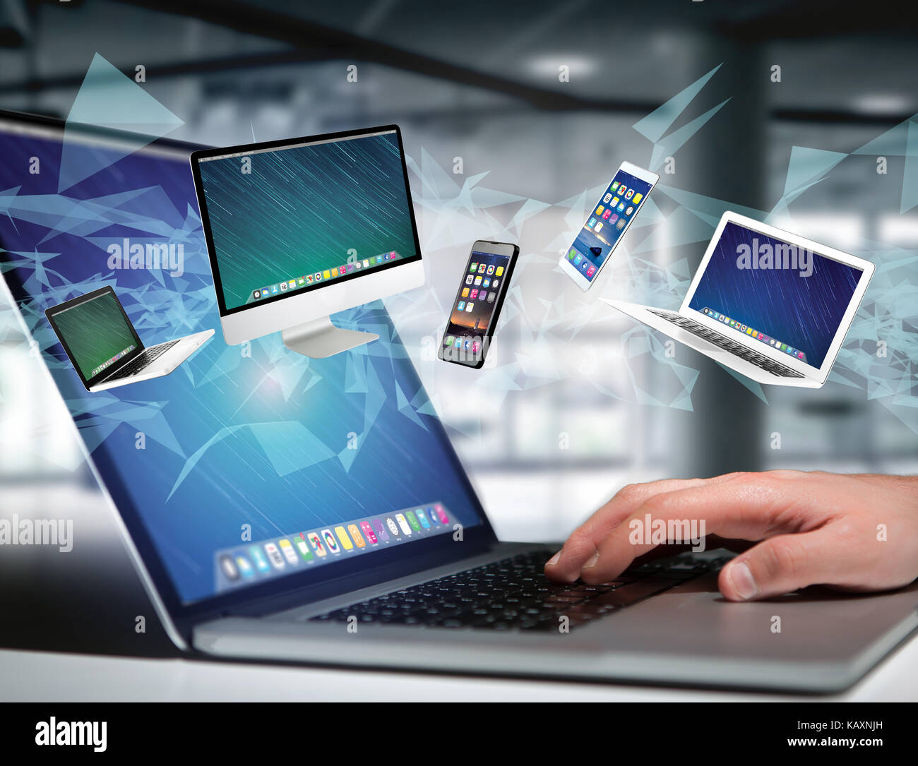 View of a Computer and devices displayed on a futuristic interface ...