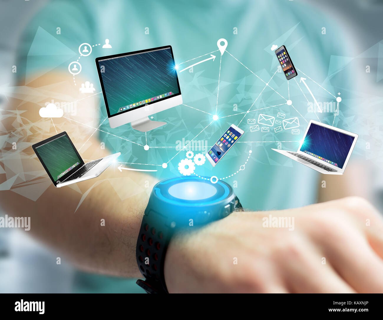 View of a Computer and devices displayed on a futuristic interface with ...