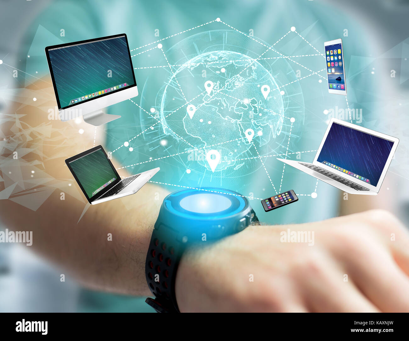 View of a Computer and devices displayed on a futuristic interface with ...