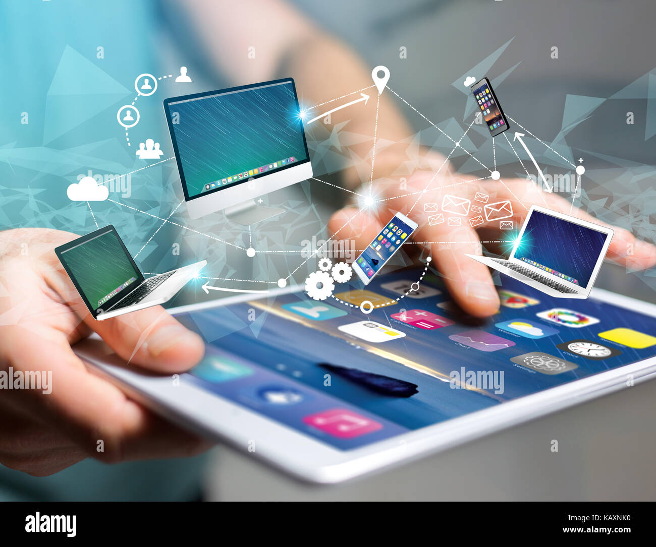 View of a Computer and devices displayed on a futuristic interface with ...