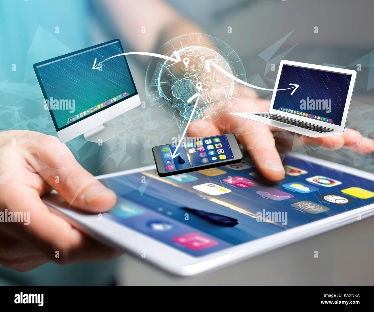 View of a Computer and devices displayed on a futuristic interface with ...