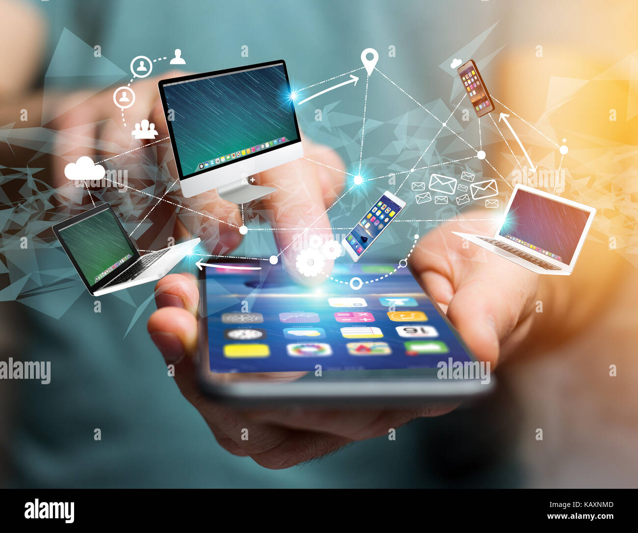 View of a Computer and devices displayed on a futuristic interface with ...