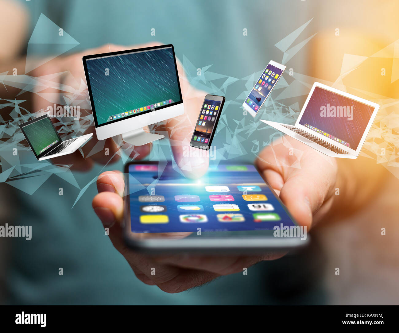View of a Computer and devices displayed on a futuristic interface ...