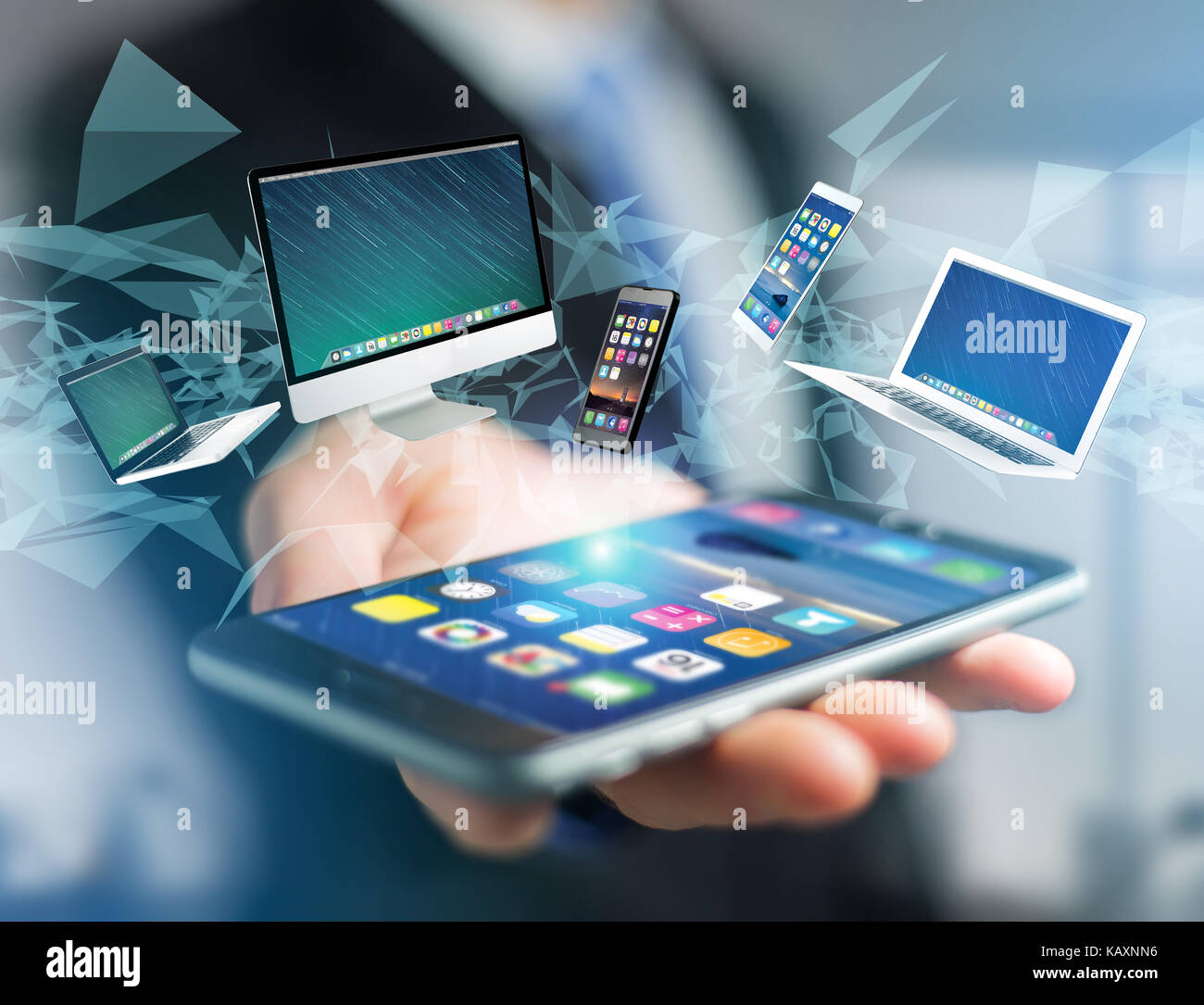 View of a Computer and devices displayed on a futuristic interface ...