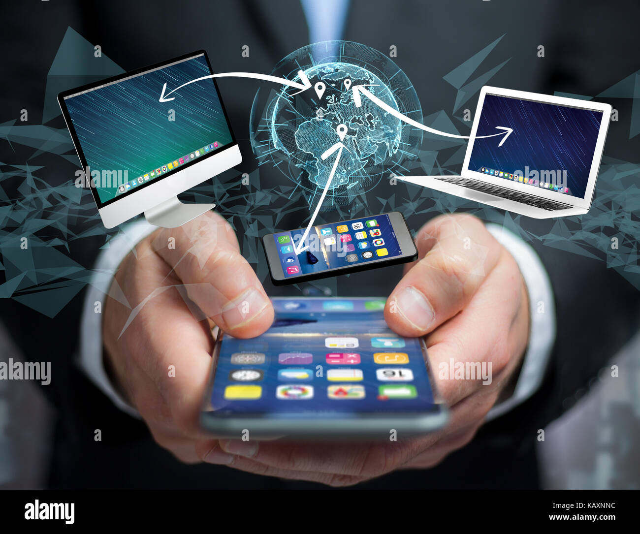 View of a Computer and devices displayed on a futuristic interface with ...