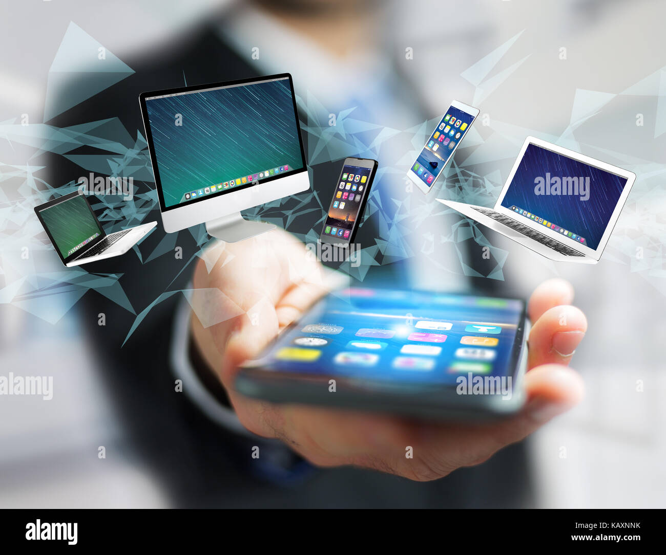View of a Computer and devices displayed on a futuristic interface ...