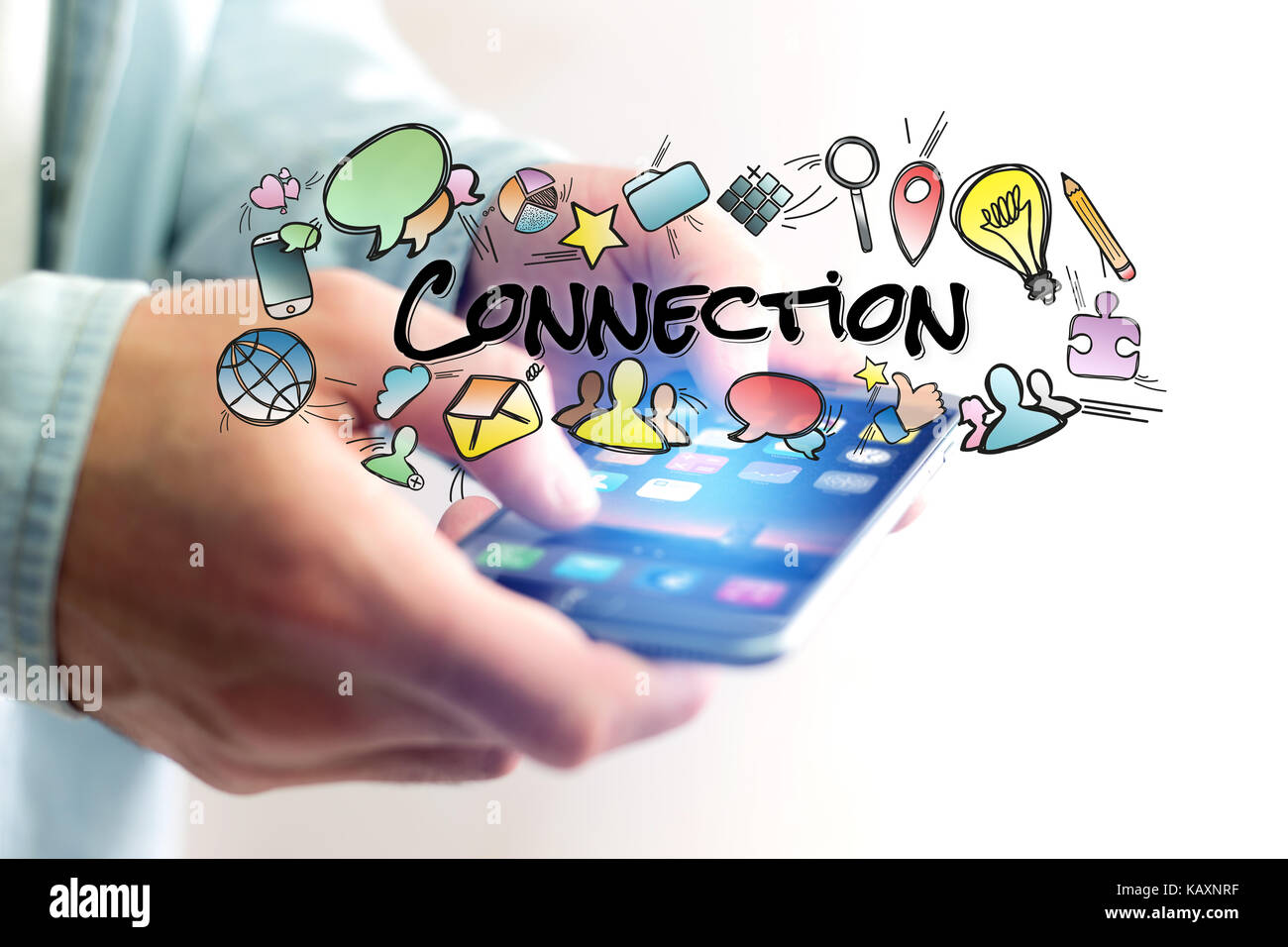 Concept view of man holding smartphone with connection title and ...