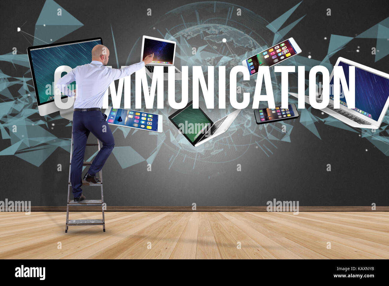 View of a Businessman in front of a wall with Communication title ...