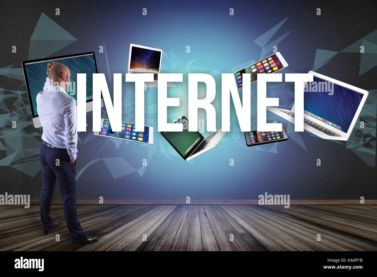 View of a Businessman in front of a wall with Internet title surounded ...