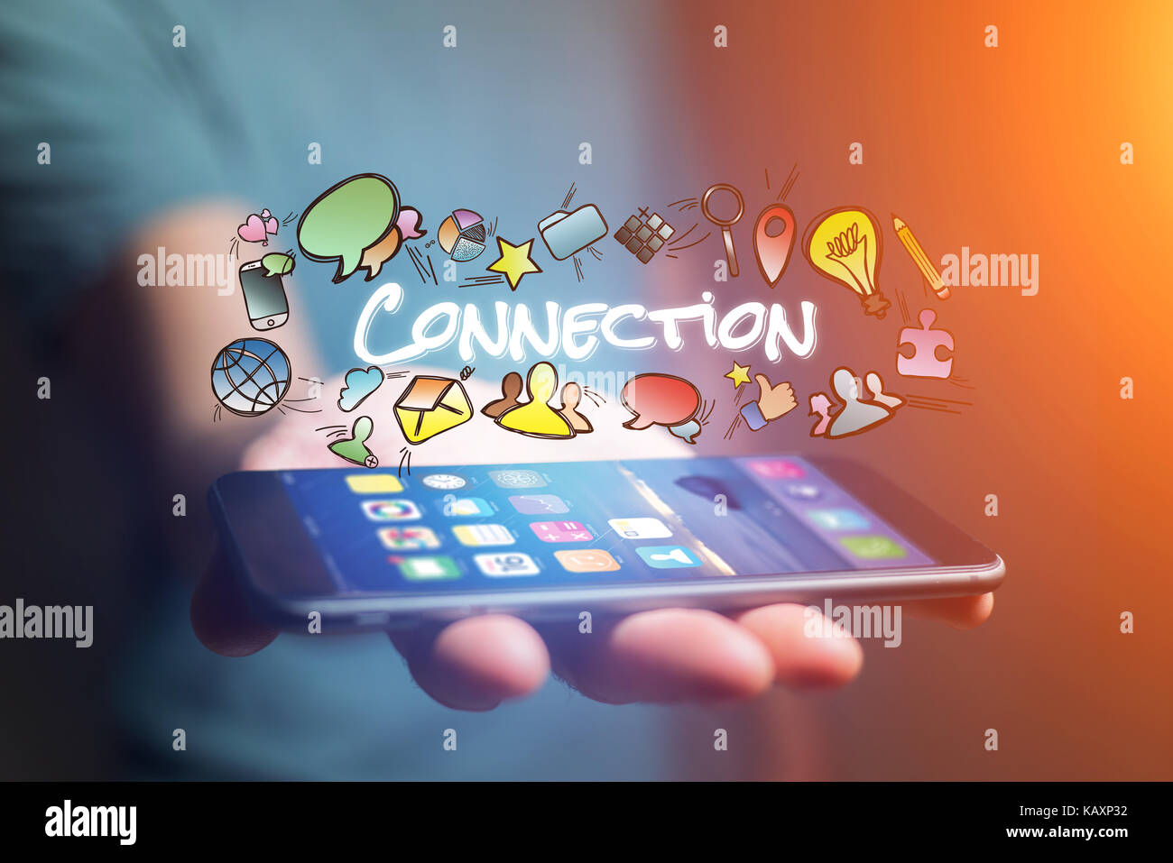 Concept view of man holding smartphone with connection title and ...