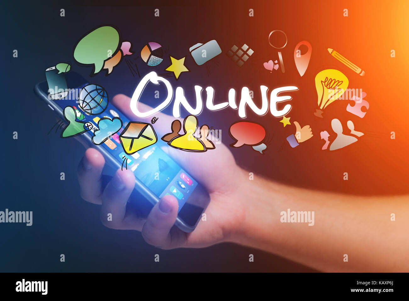 Concept of man holding smartphone with online title and multimedia ...