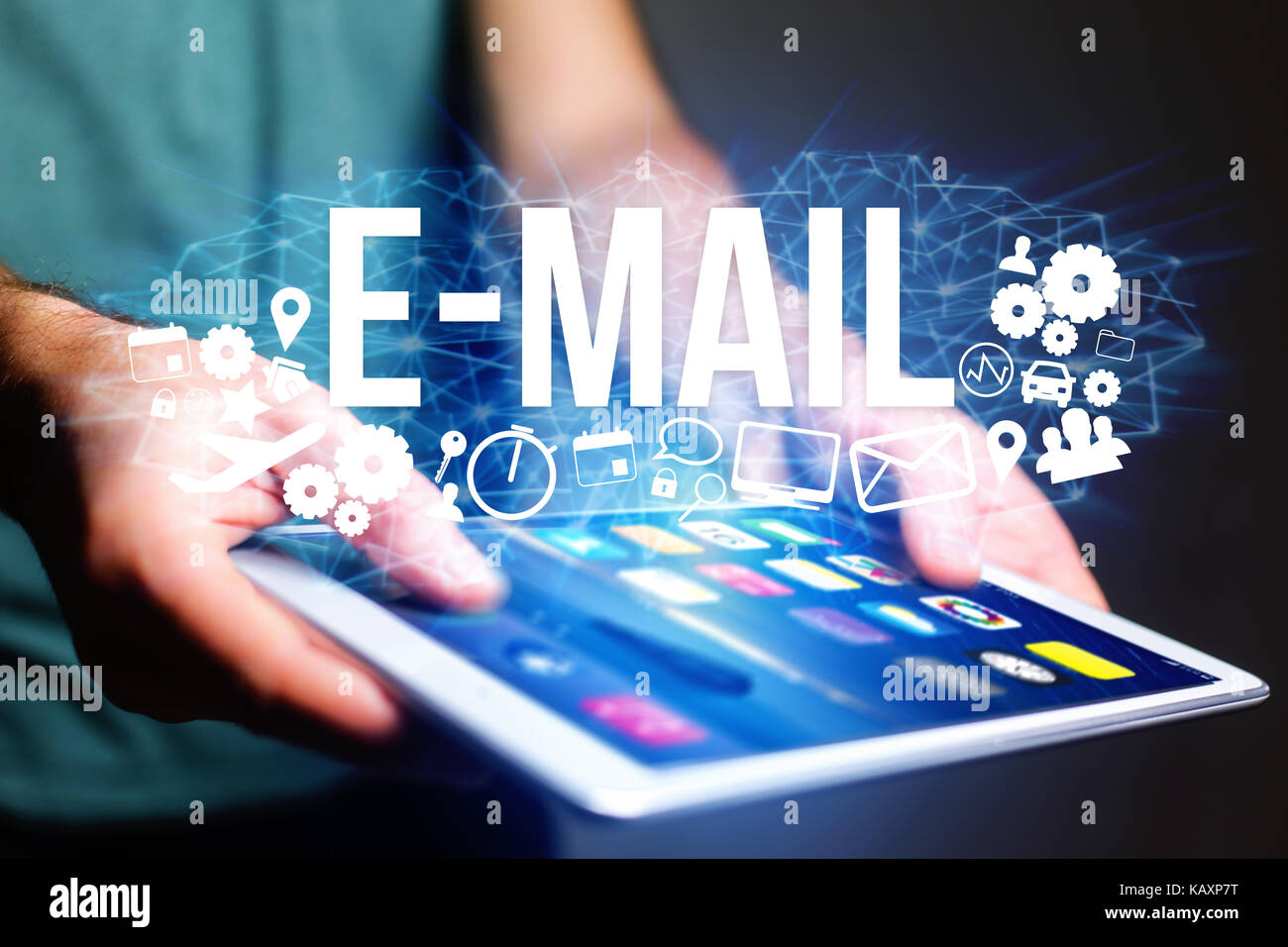 Concept view of man holding futuristic interface with e-mail title and ...