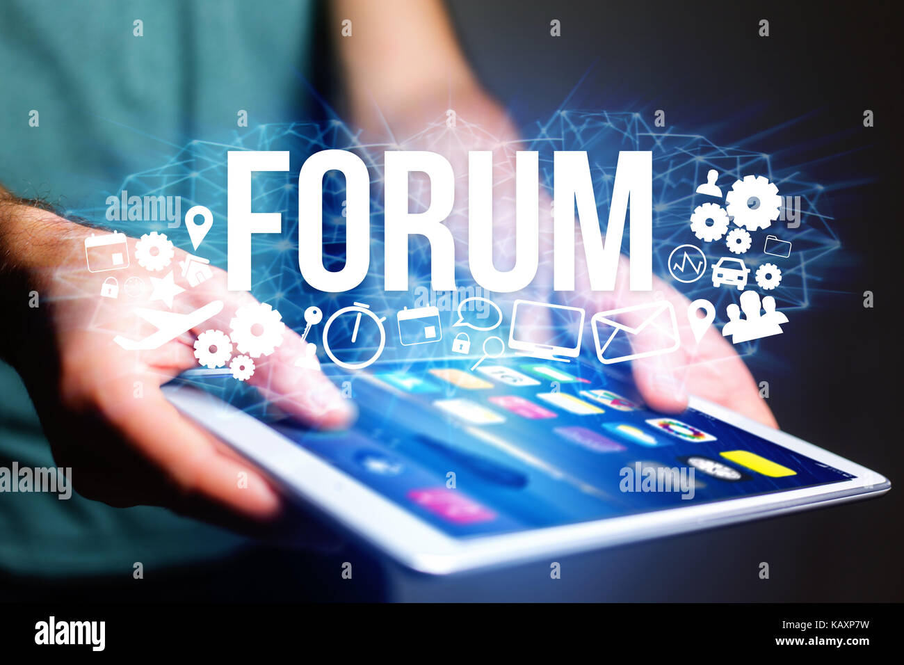 Concept view of man holding futuristic interface with forum title and ...