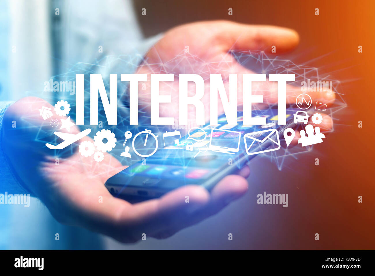 Concept view of man holding futuristic interface with internet title ...