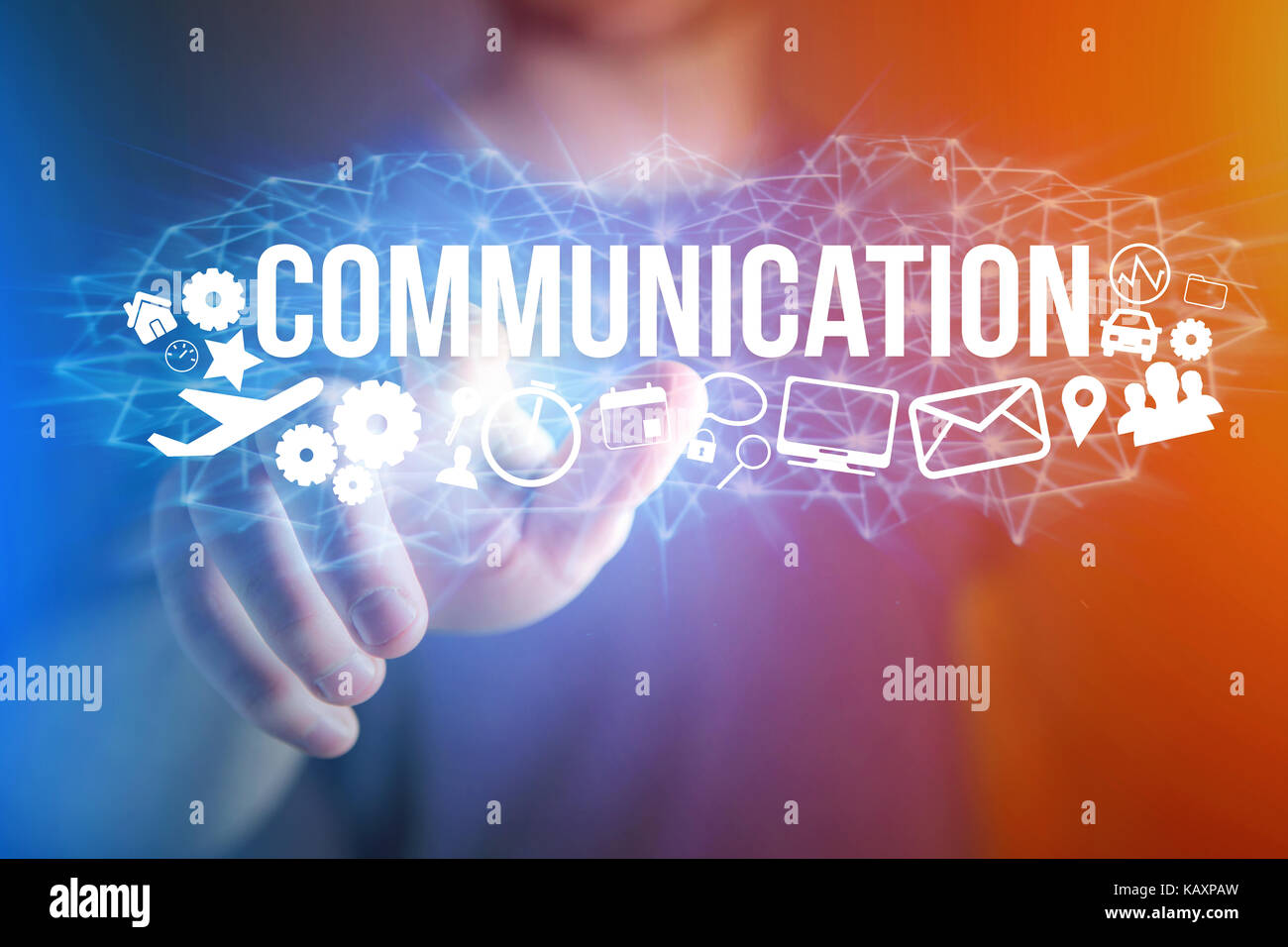 Concept view of man holding a futuristic interface with communication ...