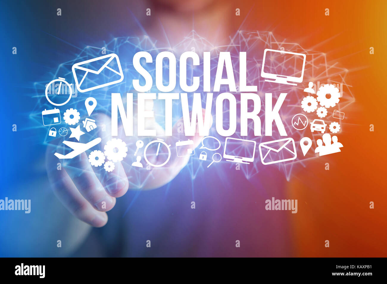 Concept view of man holding futuristic interface with social network ...