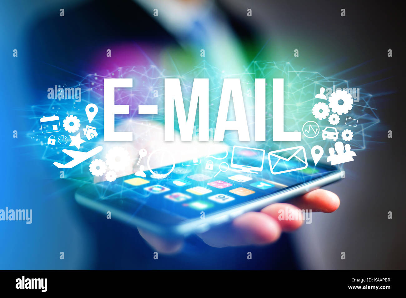 Concept view of man holding futuristic interface with e-mail title and ...