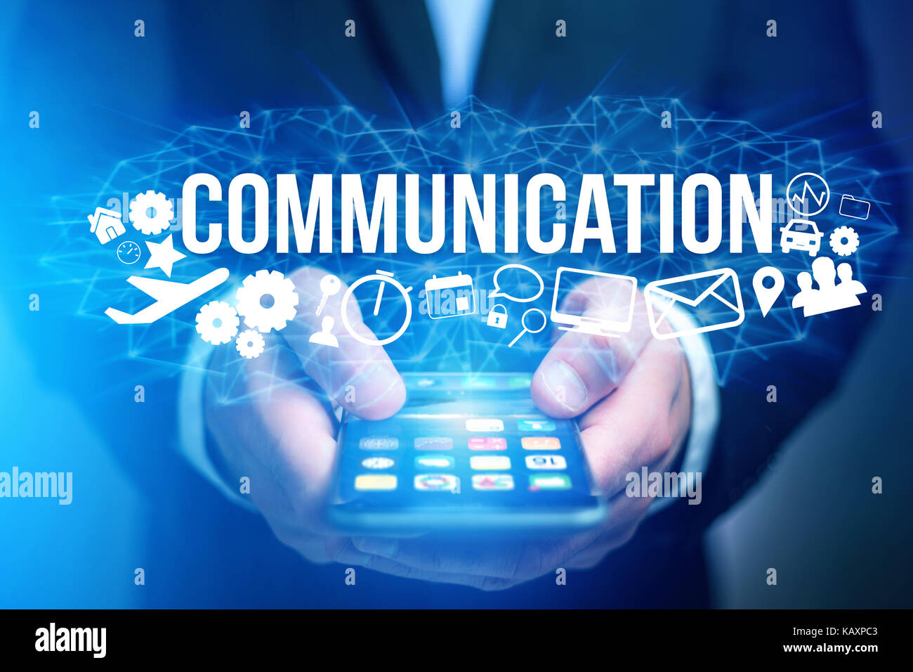 Concept view of man holding a futuristic interface with communication ...