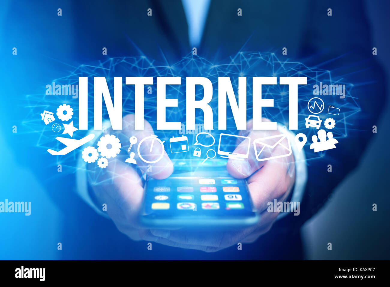 Concept view of man holding futuristic interface with internet title ...