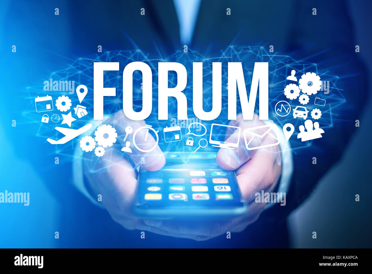Concept view of man holding futuristic interface with forum title and ...