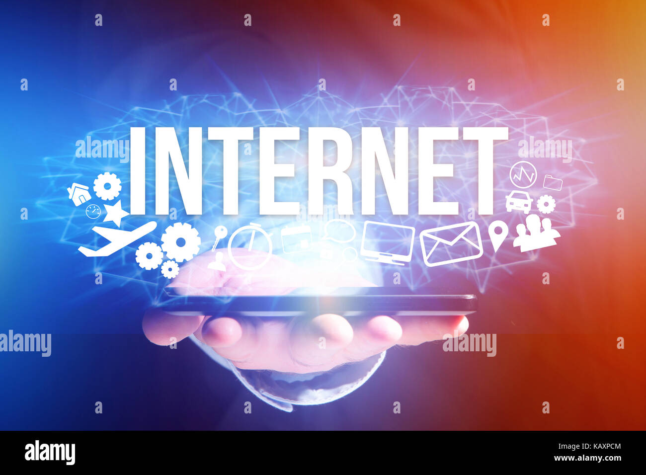 Concept view of man holding futuristic interface with internet title ...