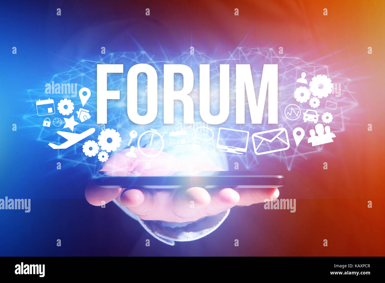 Concept view of man holding futuristic interface with forum title and ...