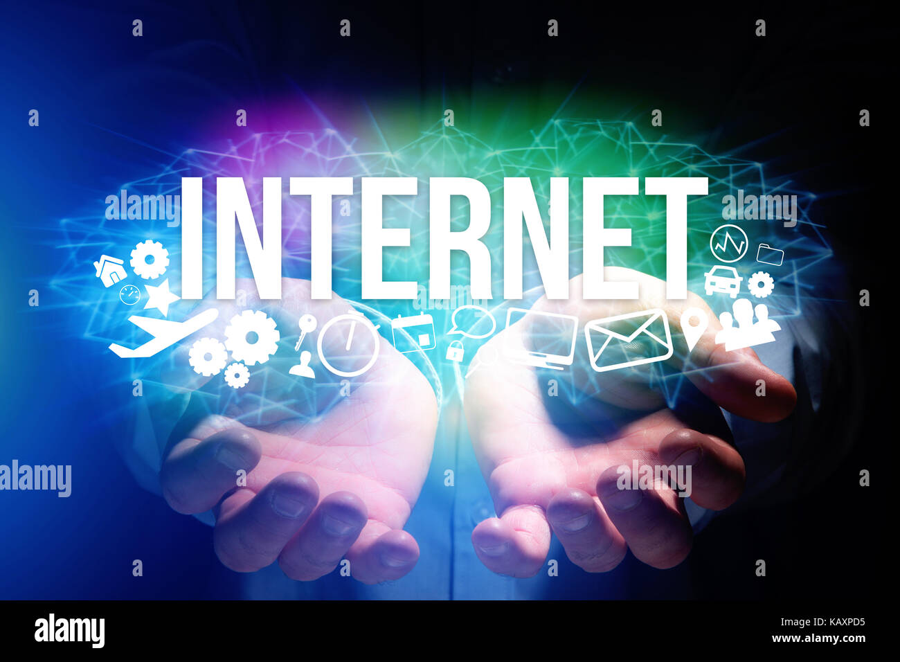 Concept view of man holding futuristic interface with internet title ...