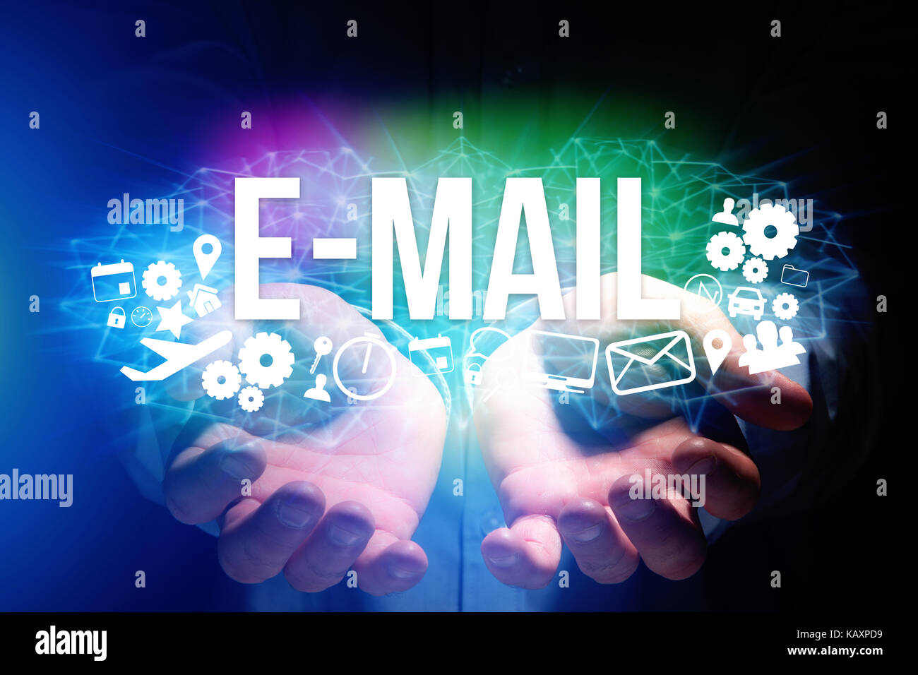 Concept view of man holding futuristic interface with e-mail title and ...