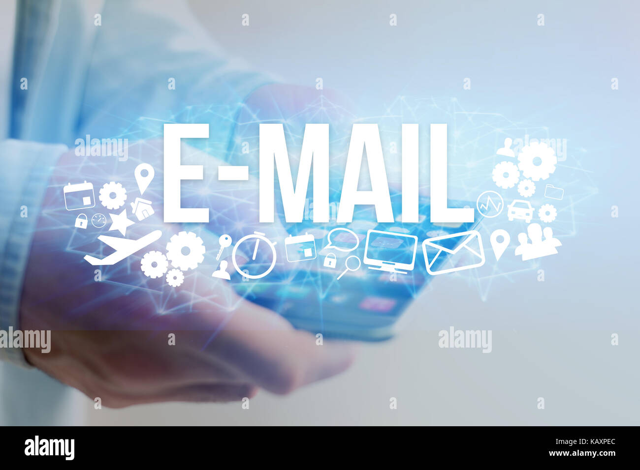 Concept view of man holding futuristic interface with e-mail title and ...