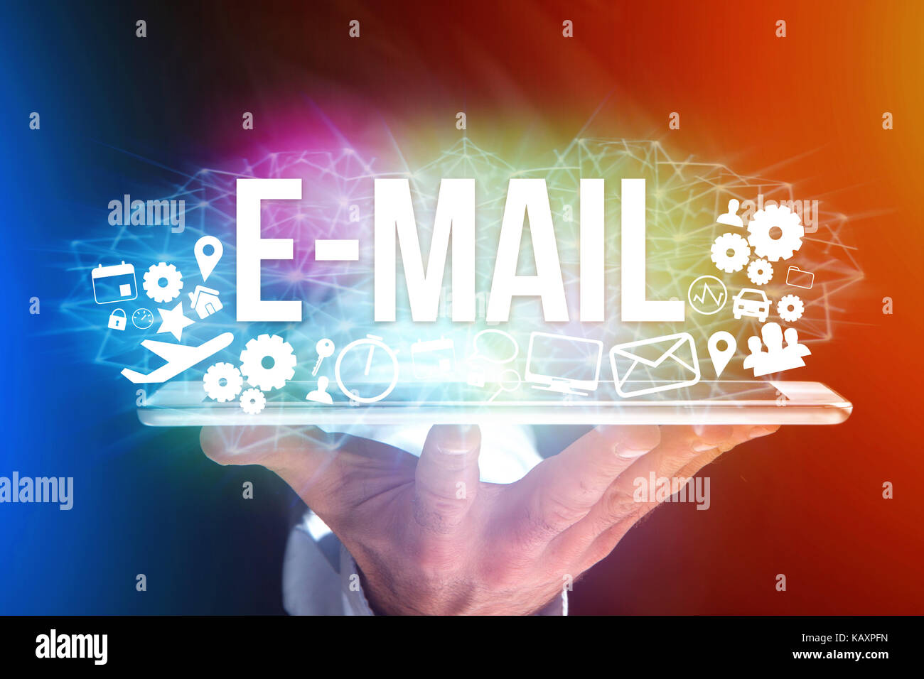 Concept view of man holding futuristic interface with e-mail title and ...