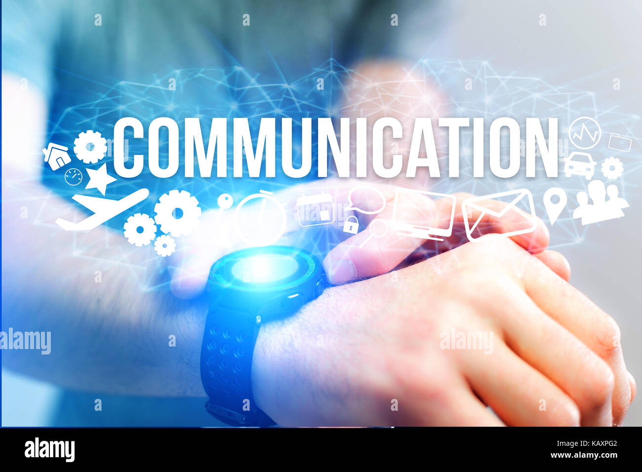 Concept view of man holding a futuristic interface with communication ...