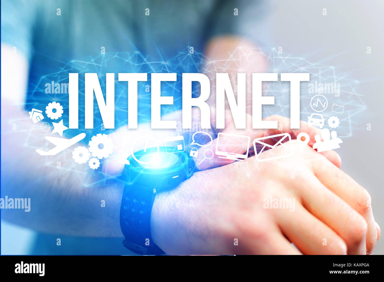 Concept view of man holding futuristic interface with internet title ...