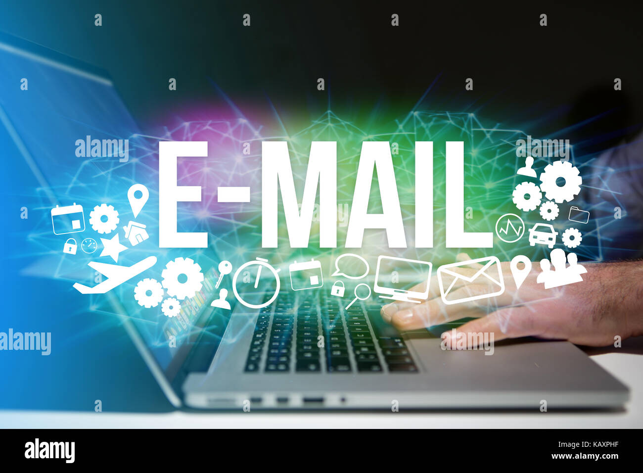 Concept view of man holding futuristic interface with e-mail title and ...