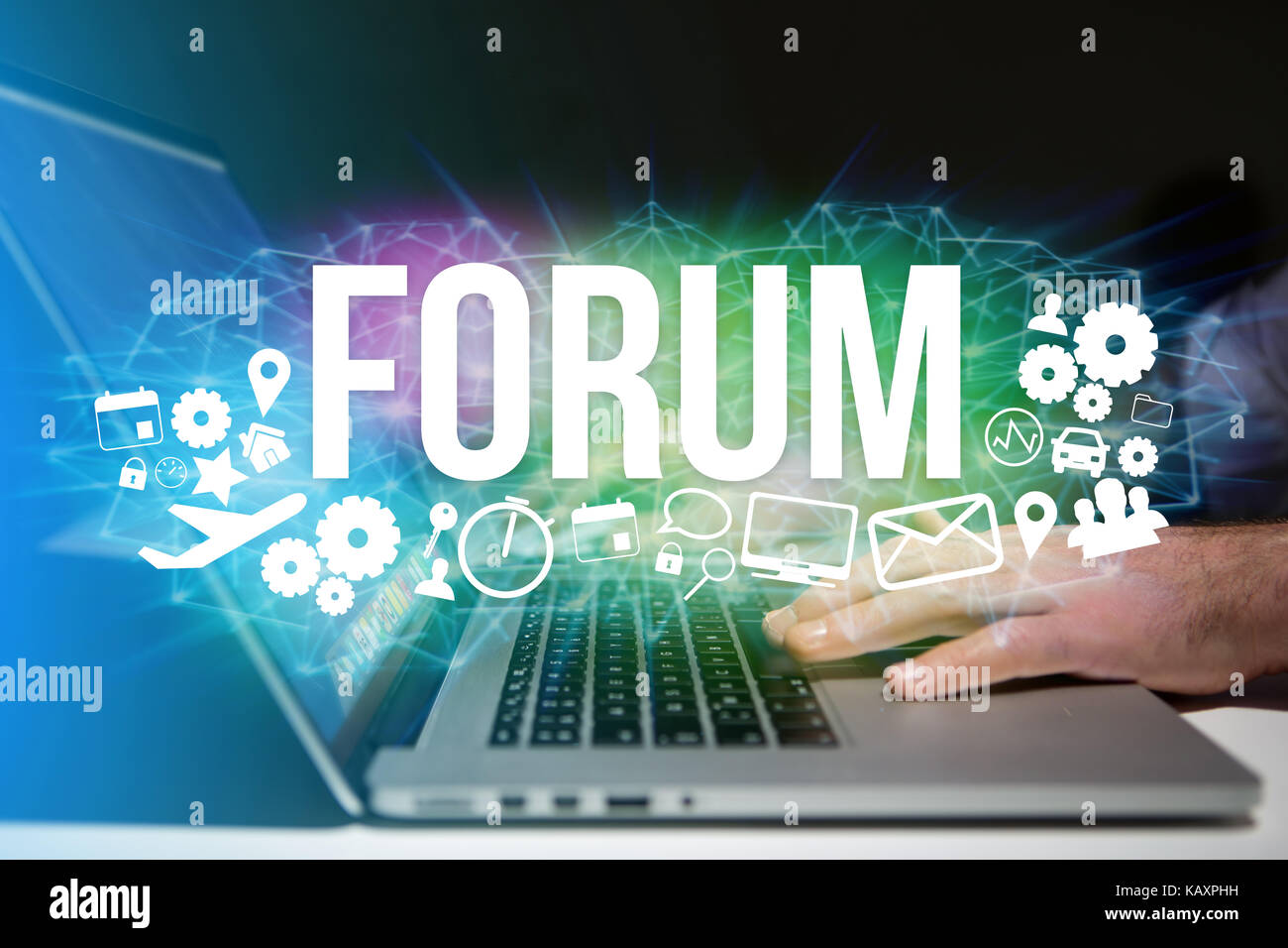 Concept view of man holding futuristic interface with forum title and ...