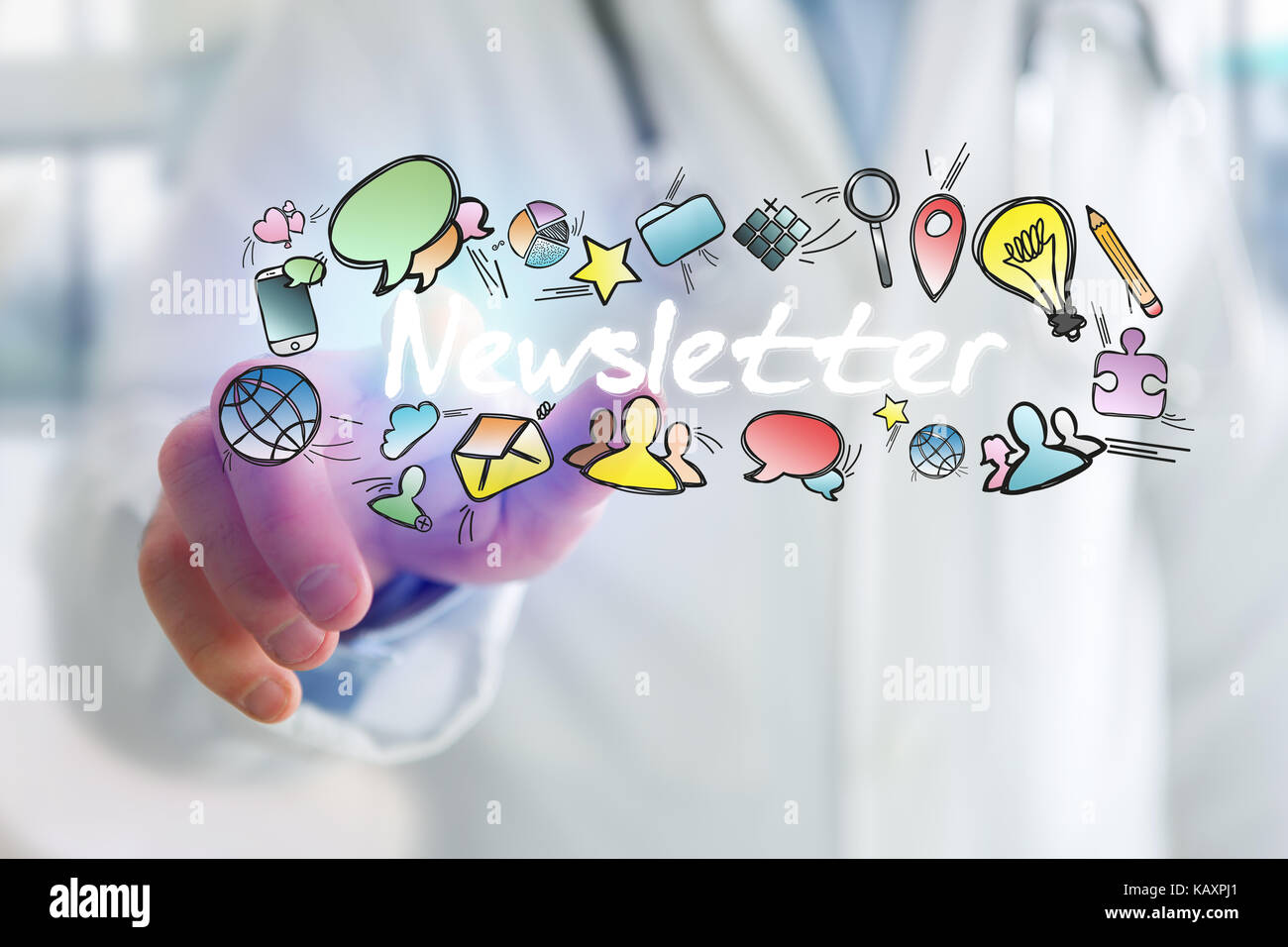 Concept of man holding futuristic interface with newsletter title and ...