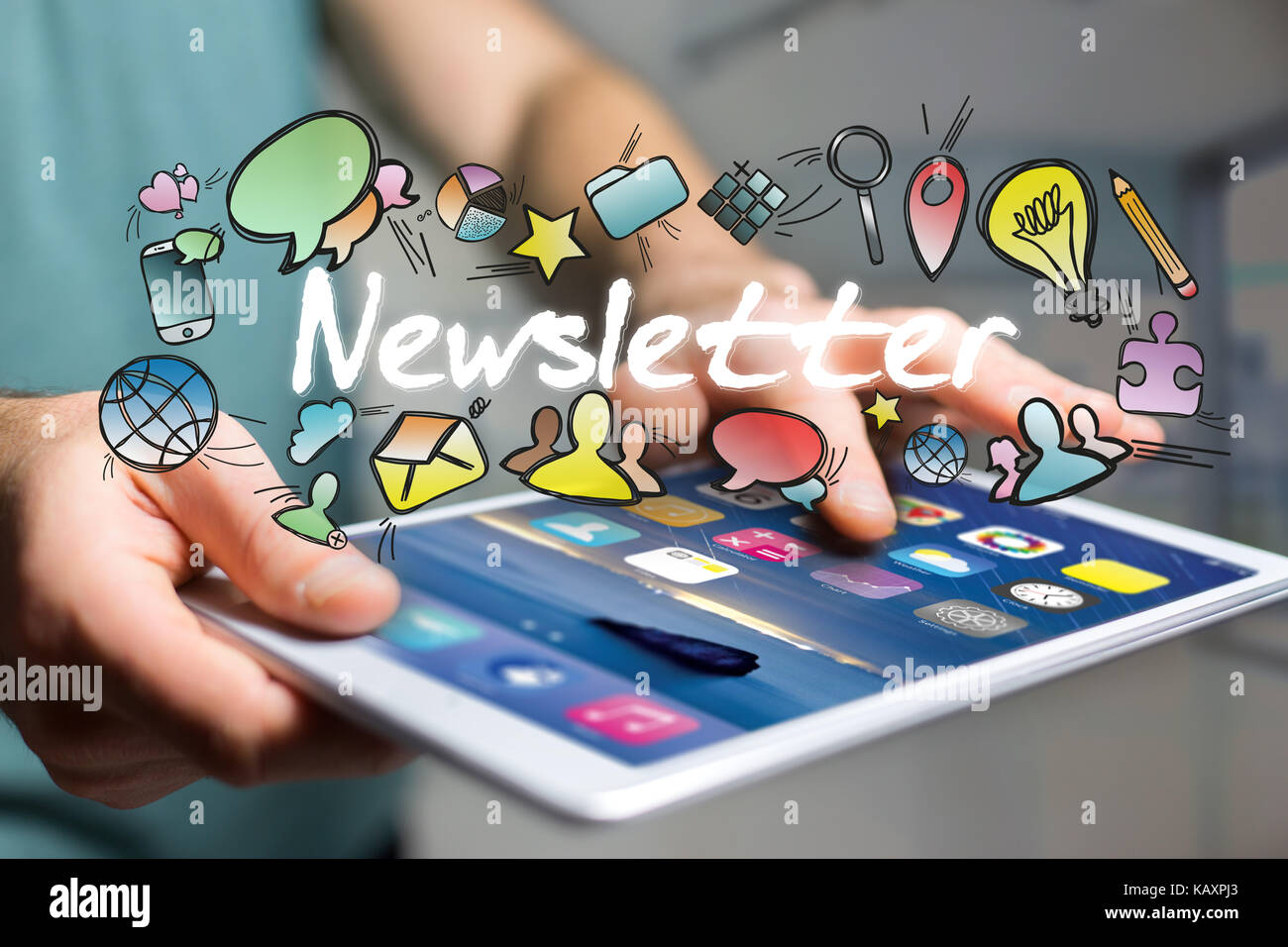 Concept of man holding futuristic interface with newsletter title and ...