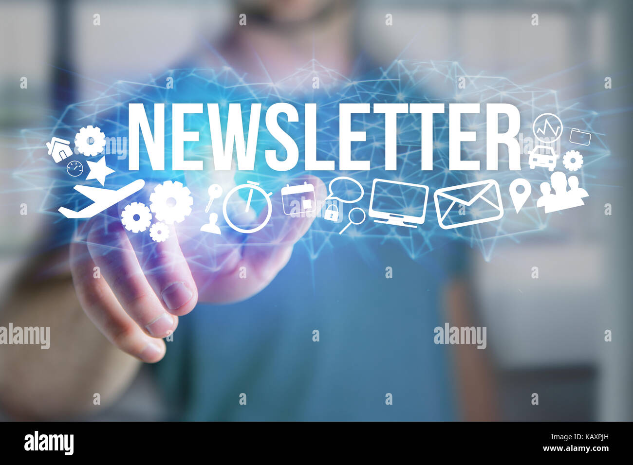 Concept view of man holding futuristic interface with newsletter title ...